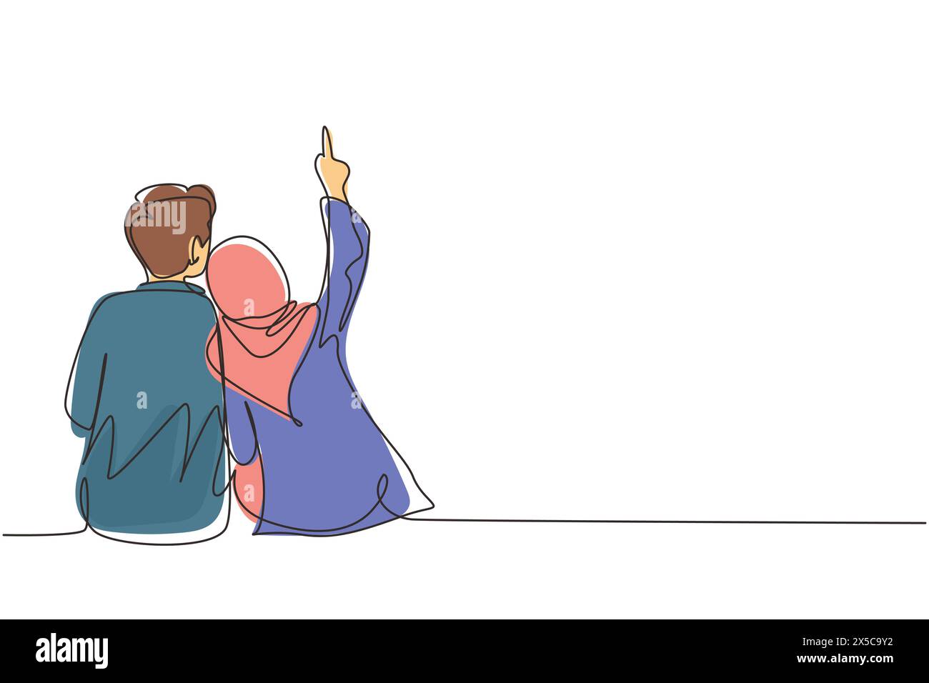 Single continuous line drawing young Arabian girl in love sit lay on ...