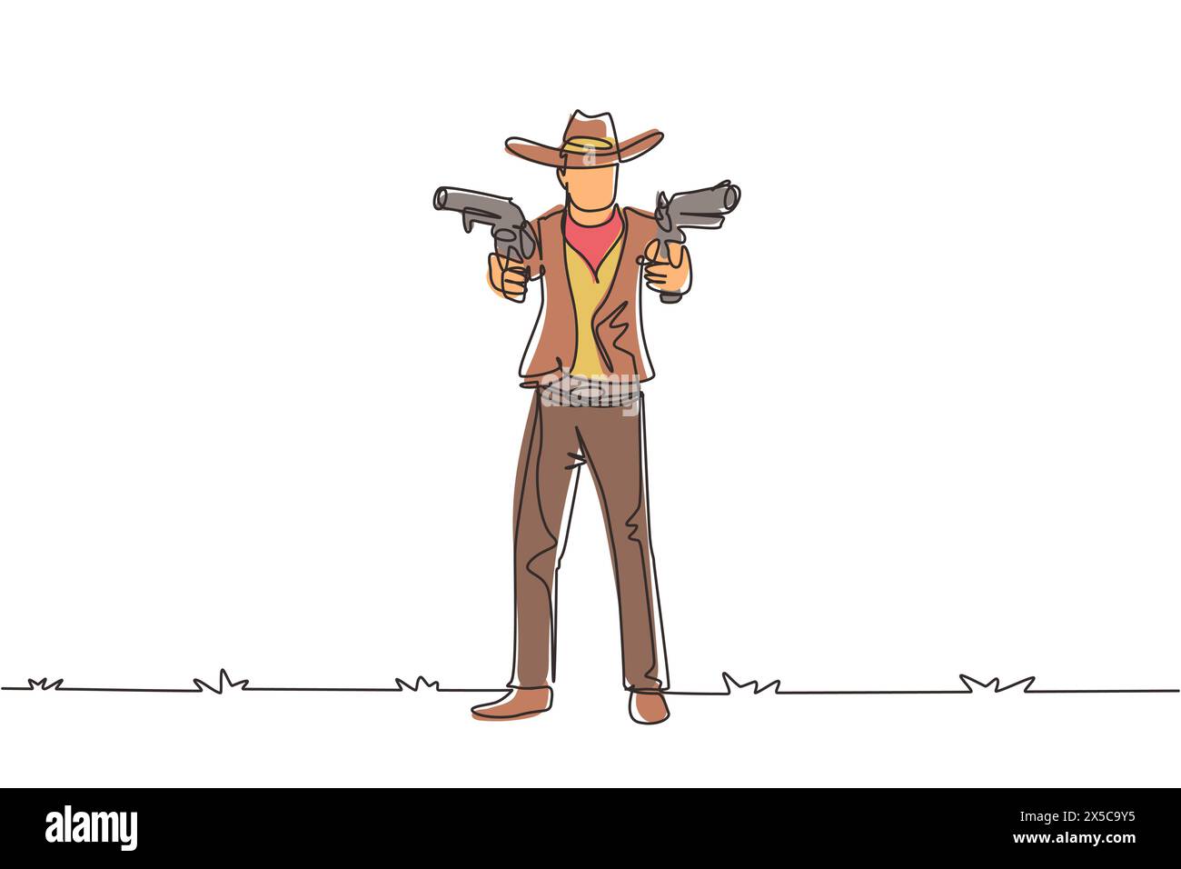 Continuous one line drawing wild west gunslinger holding two guns ...
