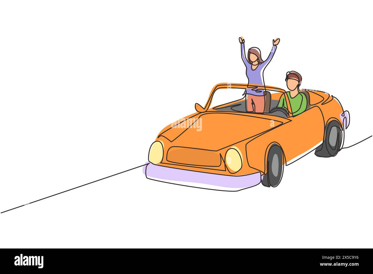 Single continuous line drawing happy couple riding car going on road ...