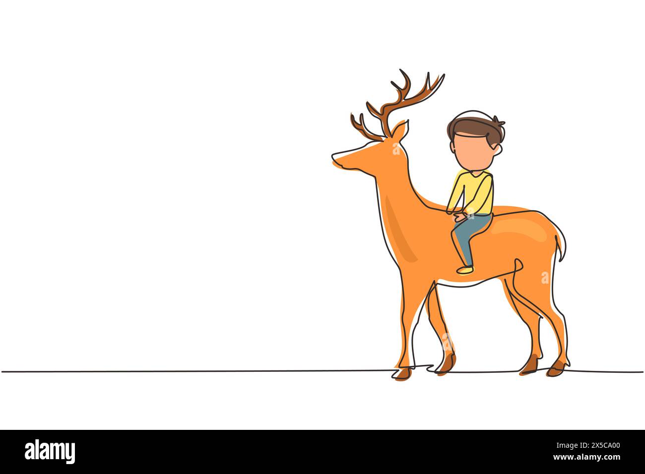Single continuous line drawing happy little boy riding deer. Child ...