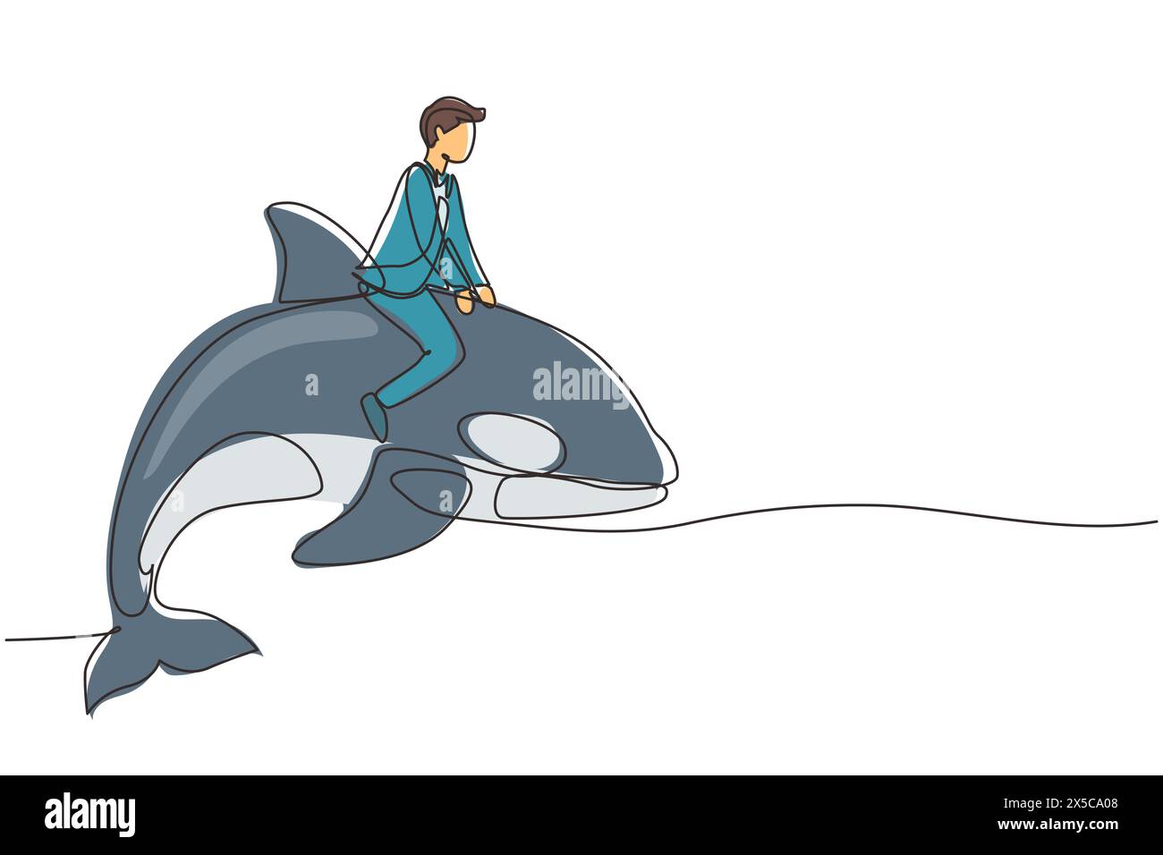 Single one line drawing brave businessman riding huge dangerous orca ...