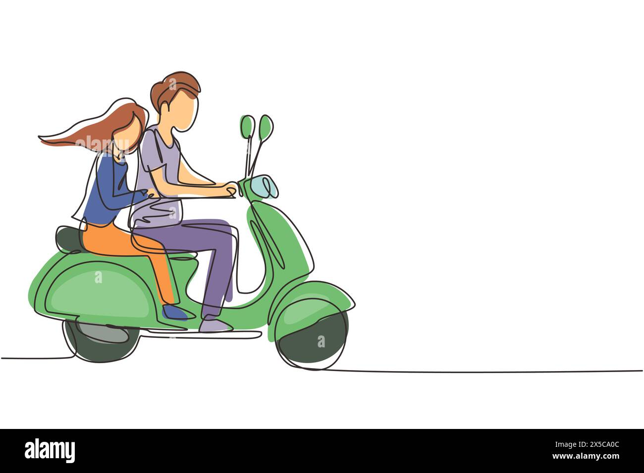 Continuous one line drawing couple riding motorcycle. Man driving ...