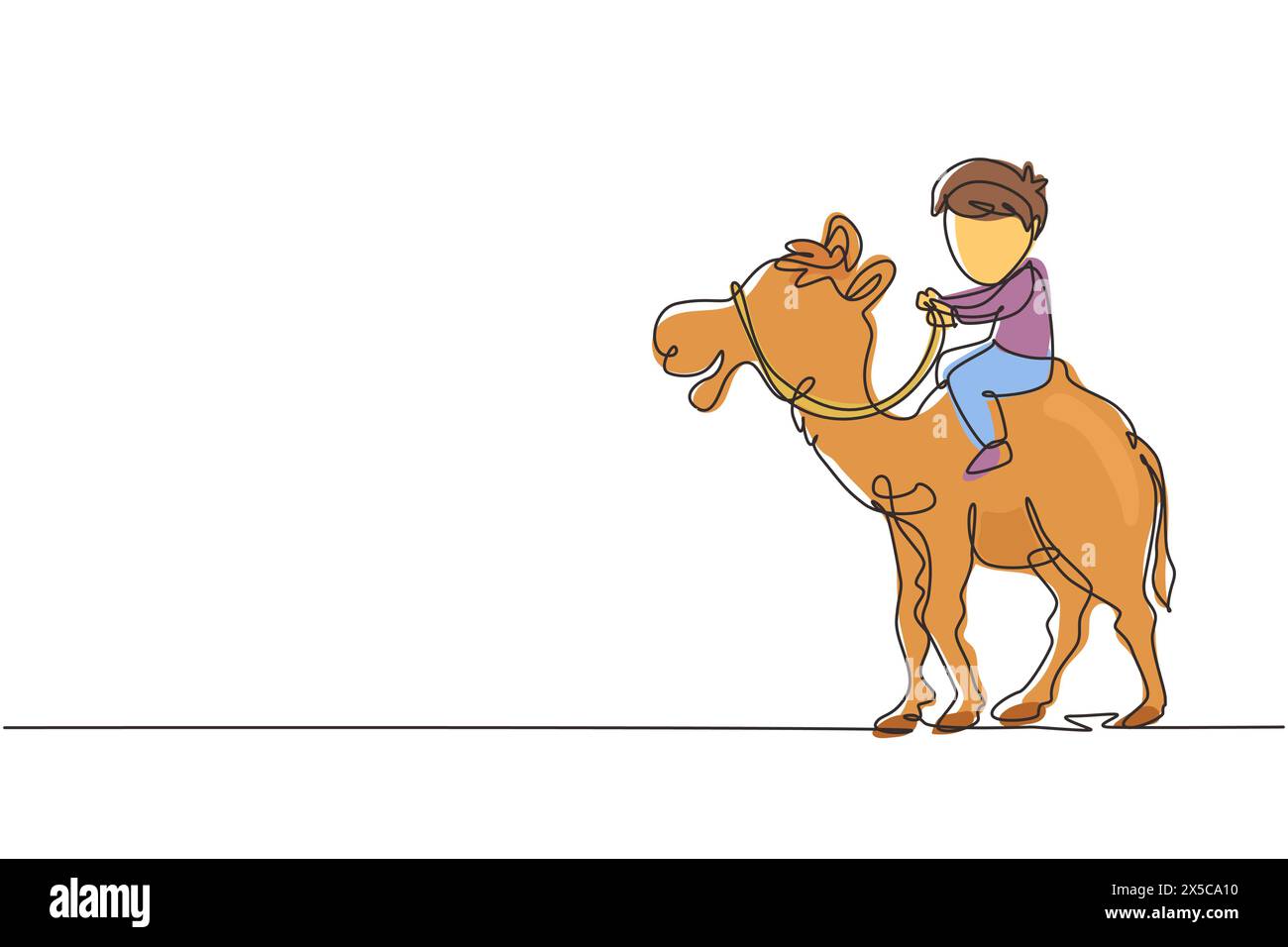 Single one line drawing happy little boy riding camel. Child sitting on ...