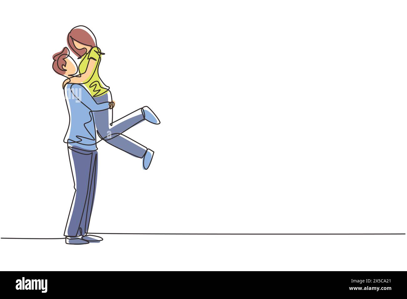 Single One Line Drawing Happy Man Carrying And Embracing Woman Couple