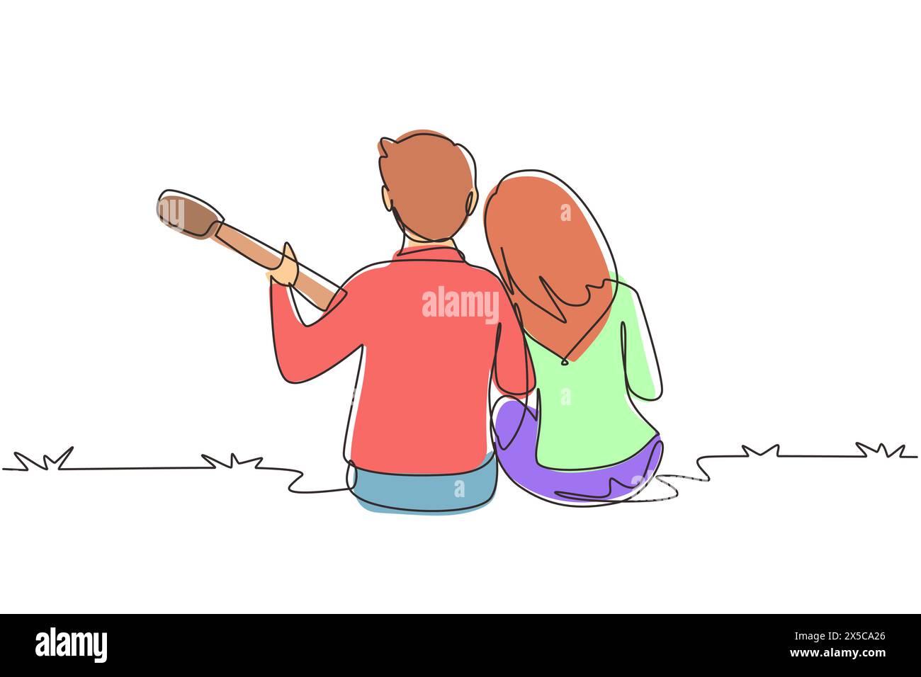 Single one line drawing Couple playing guitar on summer season. Hugging ...