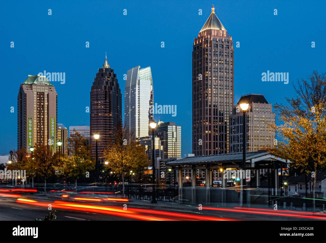 Taillight streaks of evening traffic beneath the Midtown Atlanta ...