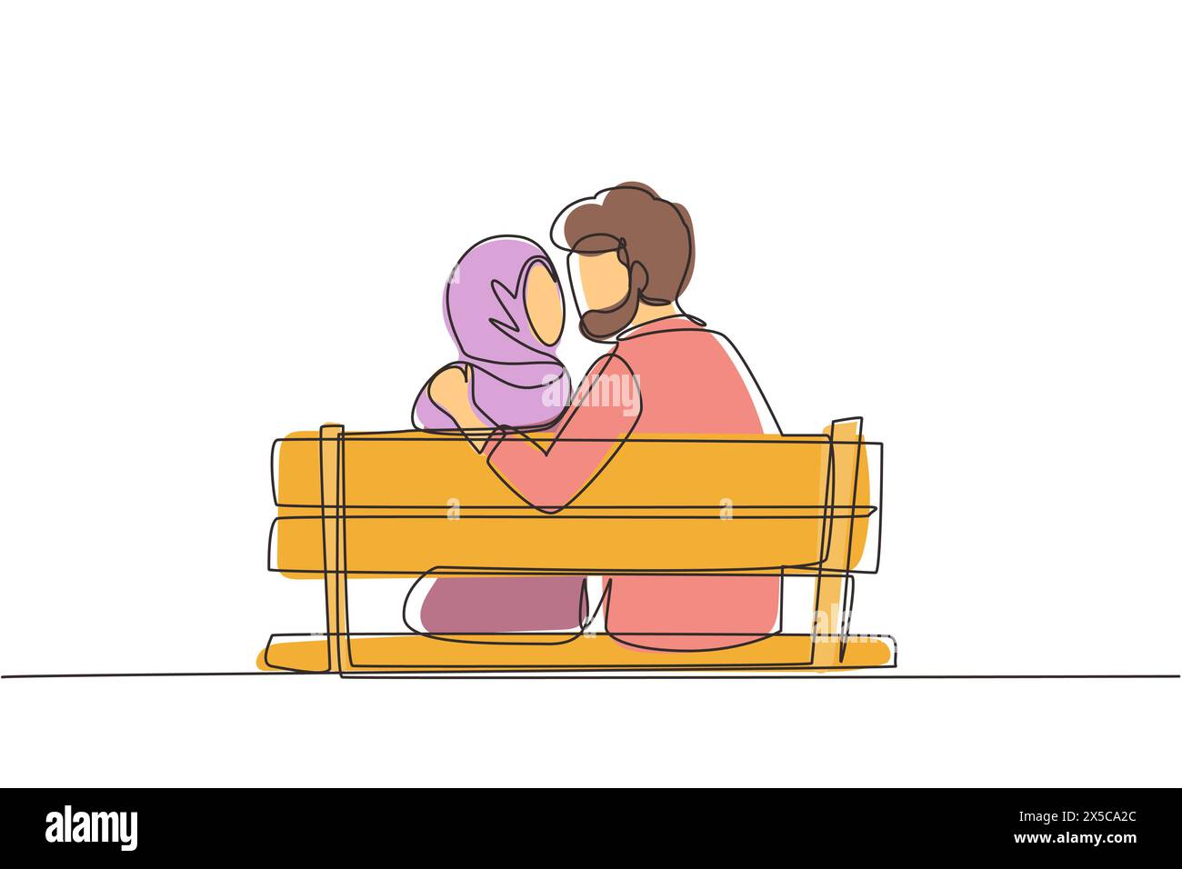 Continuous one line drawing back view Arabian couple kissing sitting on ...