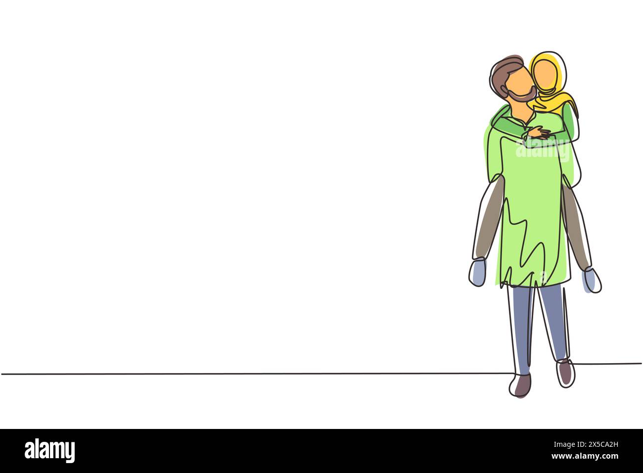 Single one line drawing Arabian man carrying and embracing woman. Happy ...