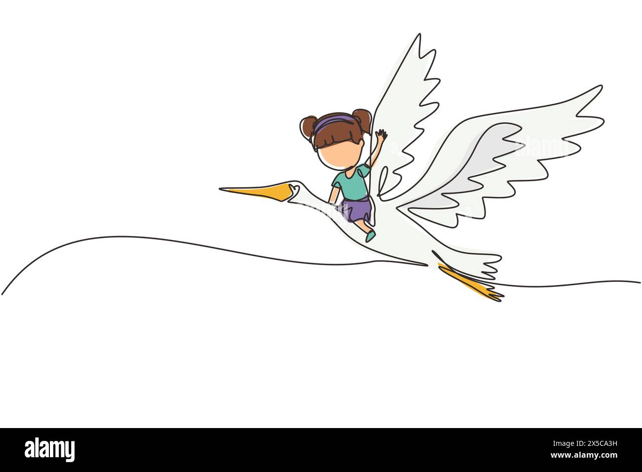 Single one line drawing happy little girl flying with stork. Child fly ...