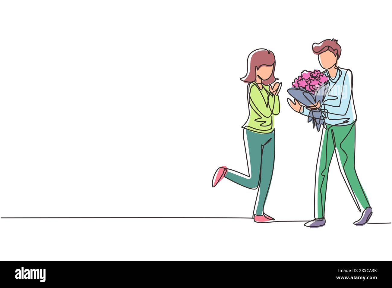 Continuous one line drawing man making proposal marriage to woman with ...