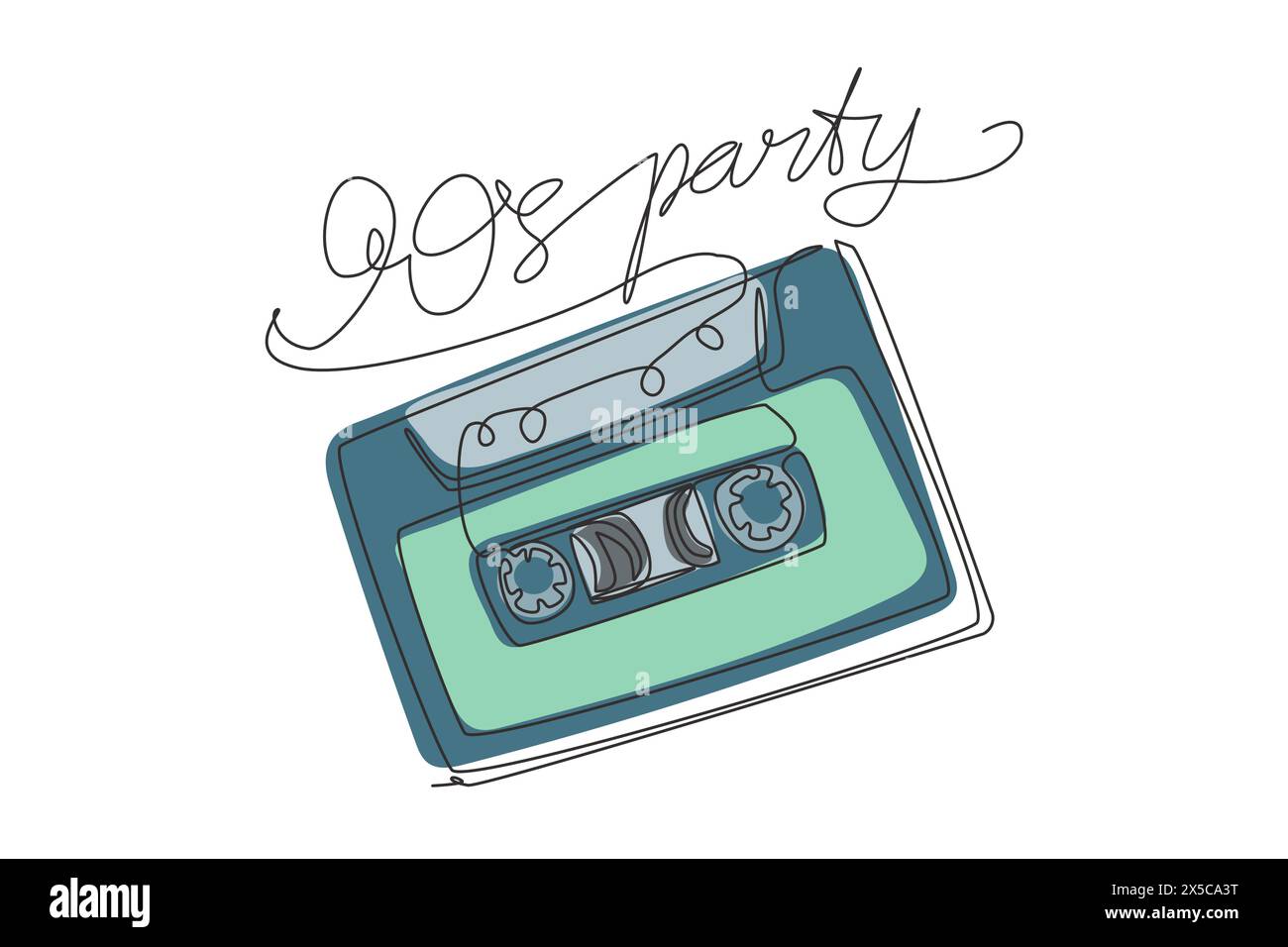 Single continuous line drawing old slogan with music cassette. Slogan ...