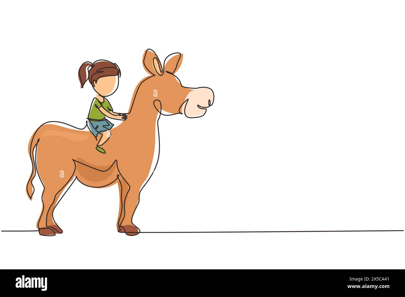 Single one line drawing happy cute girl riding cute donkey. Child ...