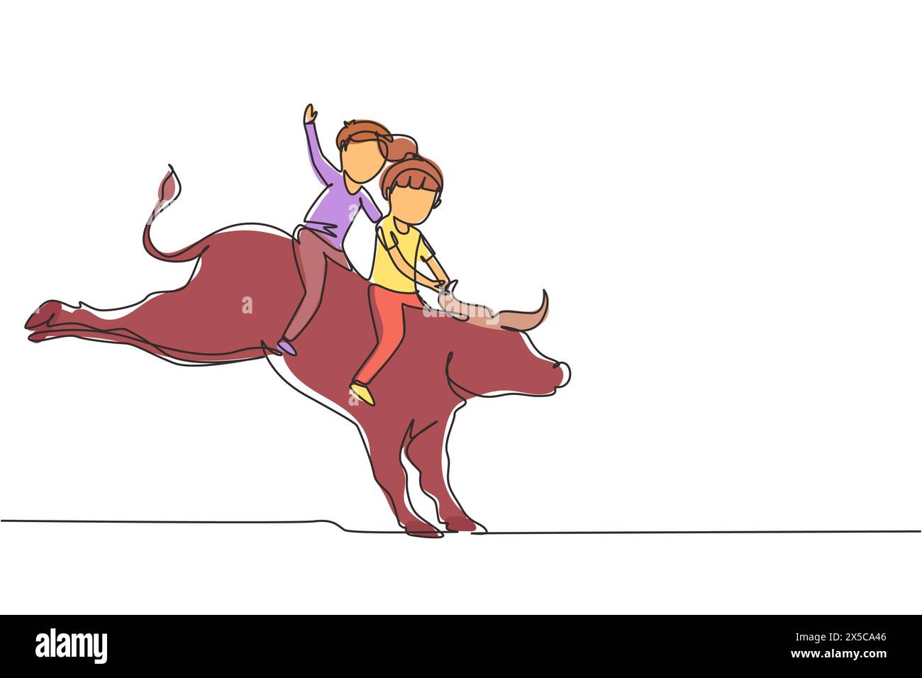 Single one line drawing happy cute kid boy and girl riding cute bull ...