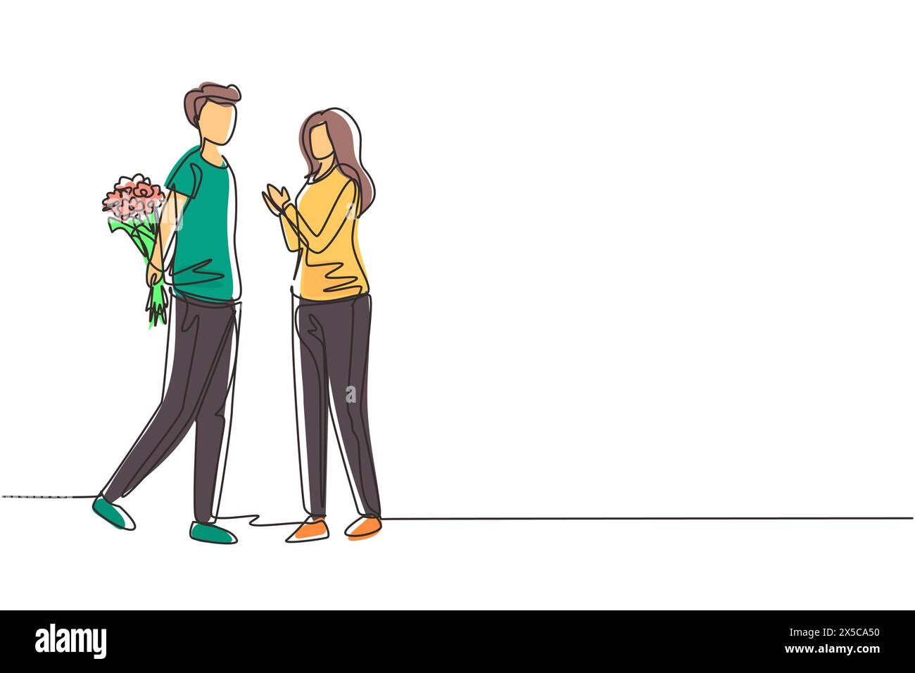 Continuous one line drawing man gives flowers to woman. Young man ...