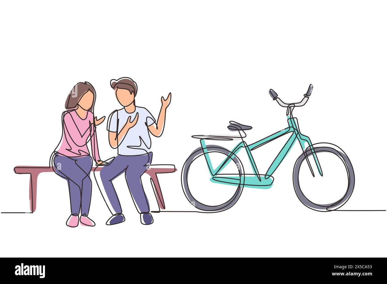 Single continuous line drawing romantic couple chatting while sitting ...