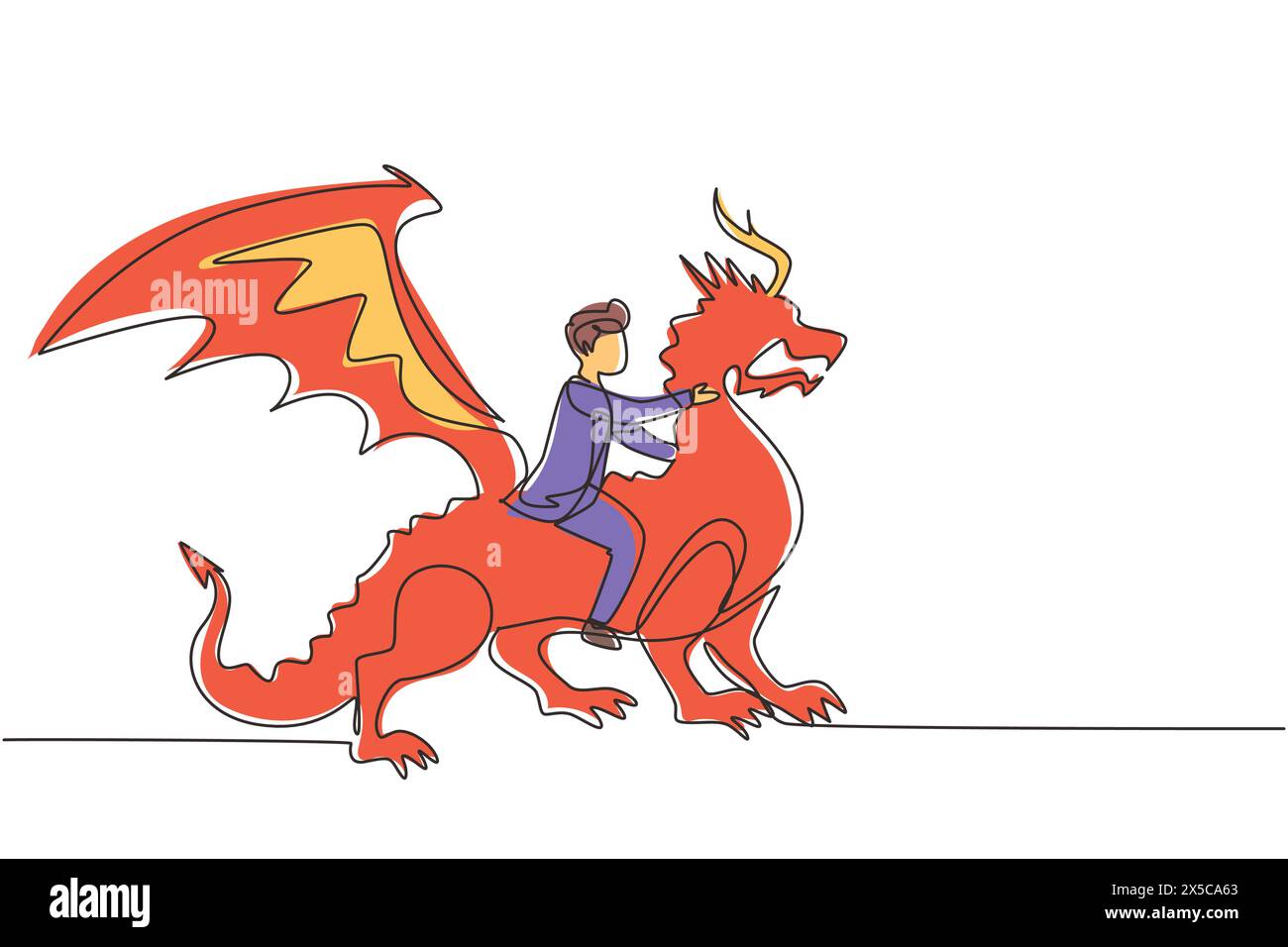 Single continuous line drawing businessman riding dragon. Conquering ...