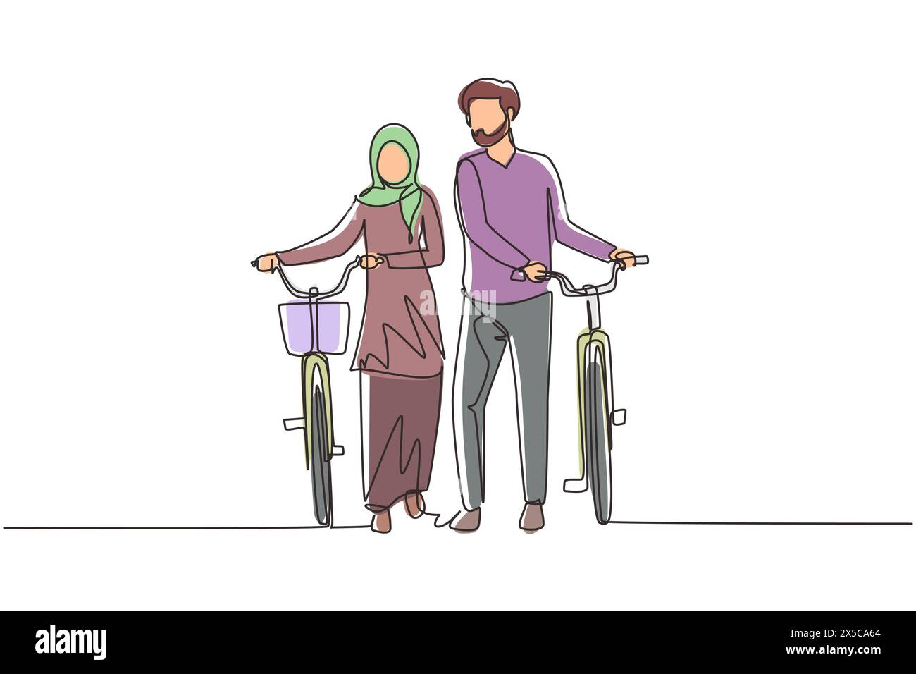 Single continuous line drawing cyclists walking down forest road with ...