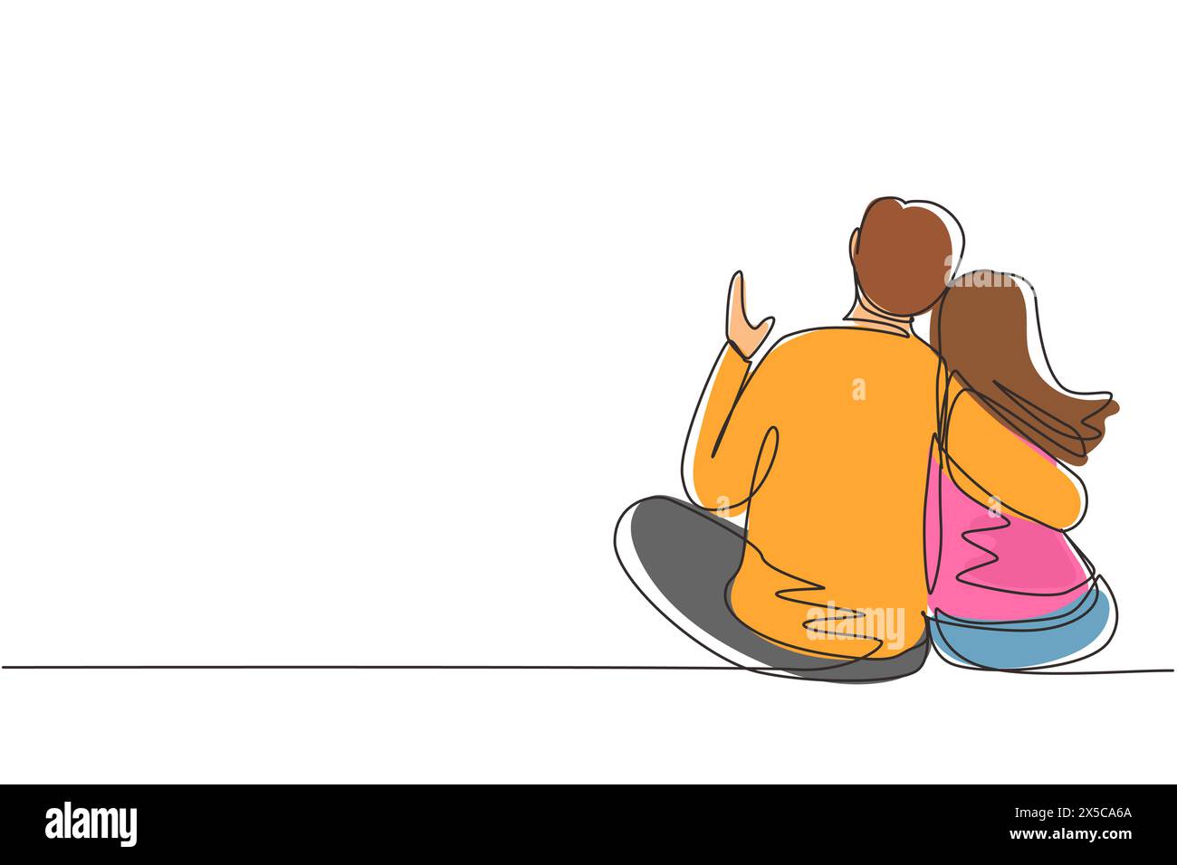 Continuous one line drawing people in love sit hugging and looking at ...