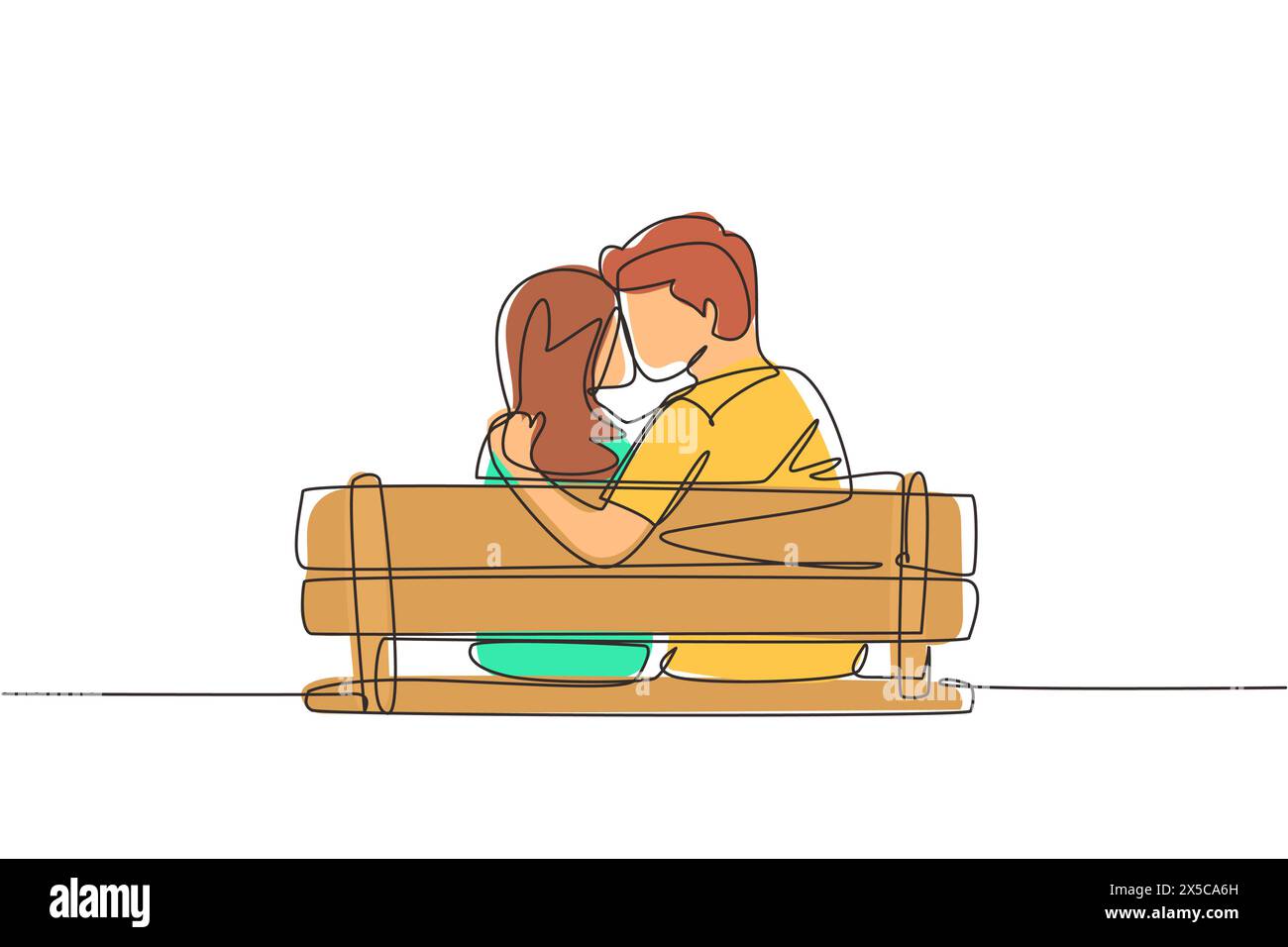 Single one line drawing couple sweet kissing sitting on bench in park ...