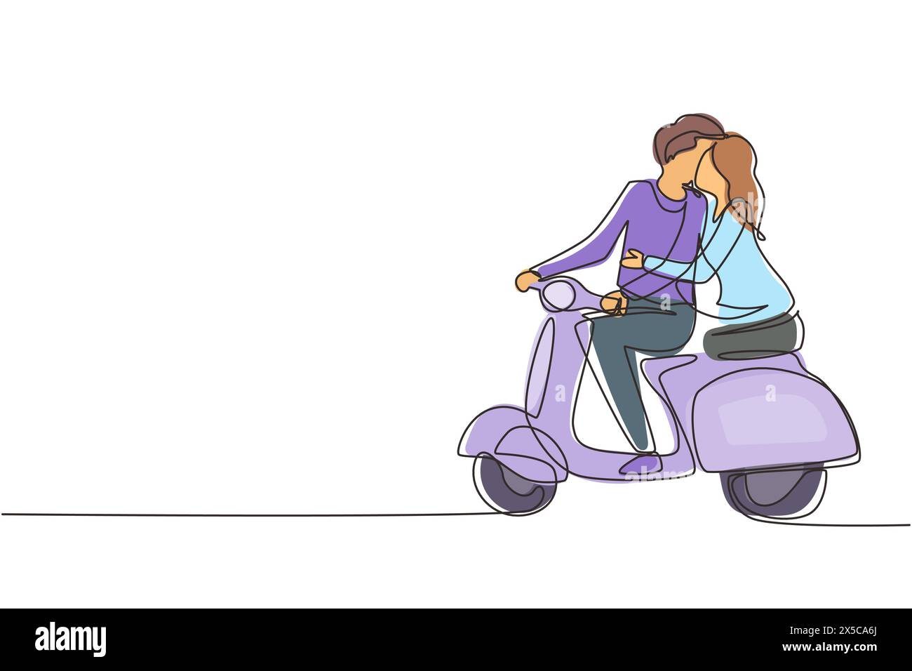 Single continuous line drawing couple with scooter vintage, pre-wedding ...