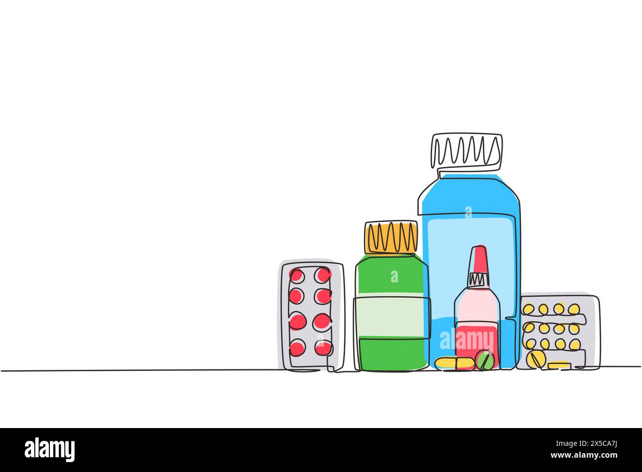 Single one line drawing medical concept. Cold, flu, cough preparations ...