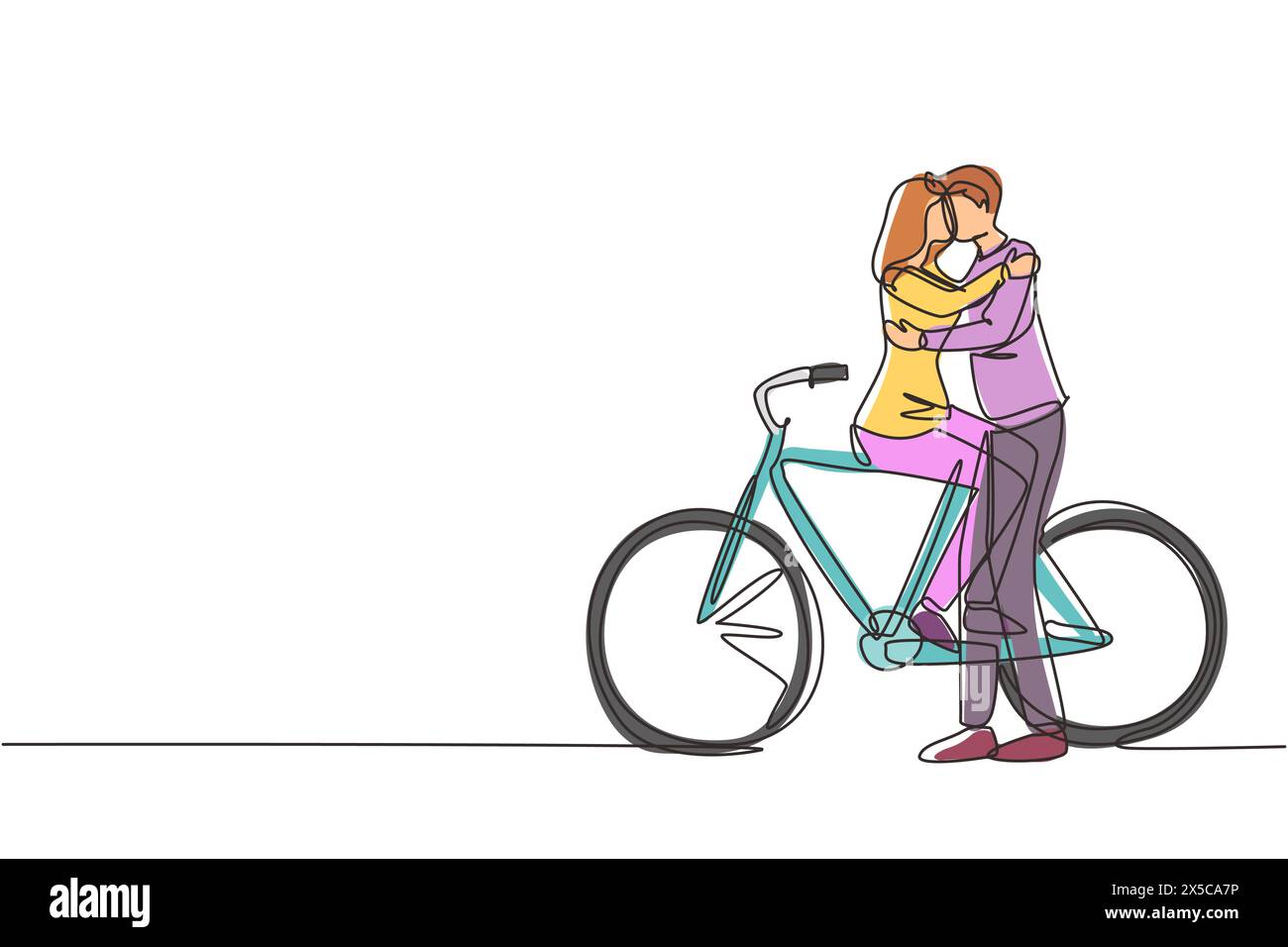 Continuous one line drawing young loving couple sitting on bicycle and ...