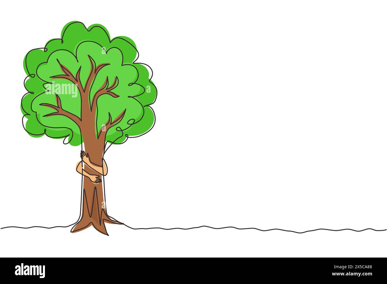 Single one line drawing man hugging tree in park. Symbol of loving ...