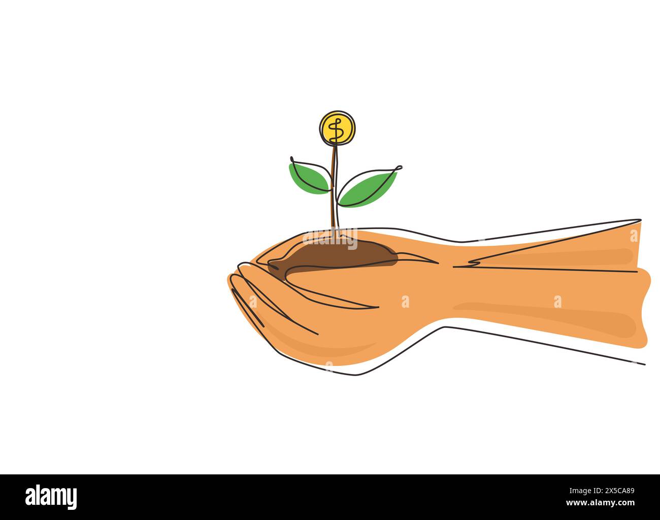 Single continuous line drawing hand holding sprout a money tree on ...