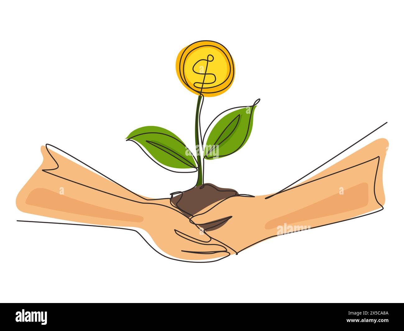 Single one line drawing two hands holding young money plant together ...