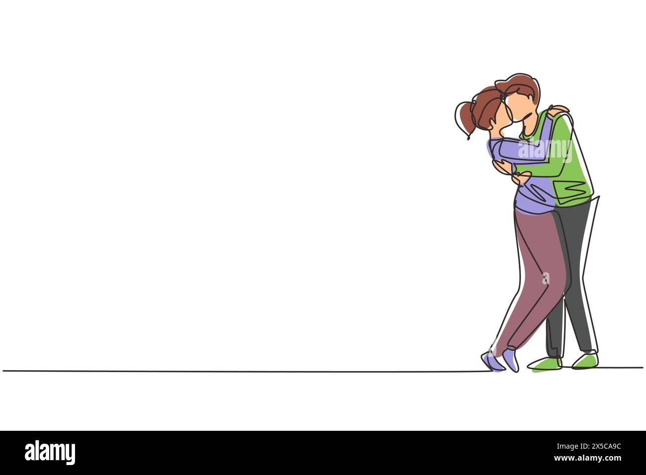 Single one line drawing loving couple kissing and hugging. Young ...