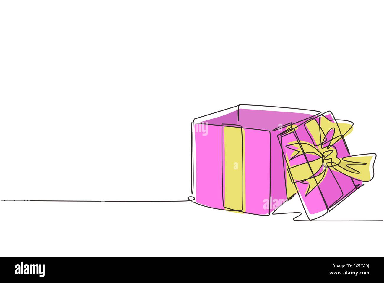 Single one line drawing open white gift box with ribbon and bow ...