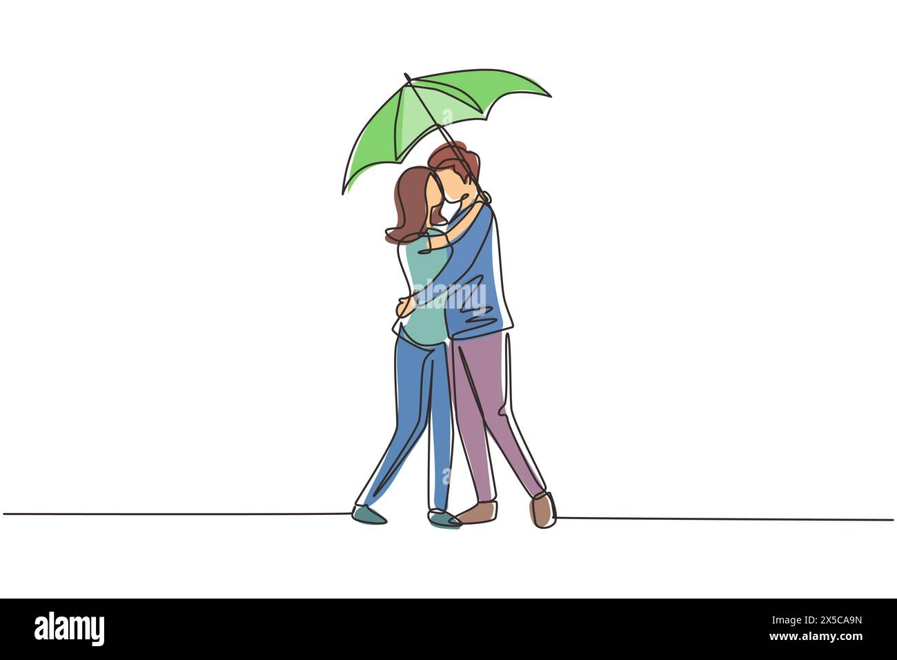 Single continuous line drawing woman and man under umbrella stand in ...