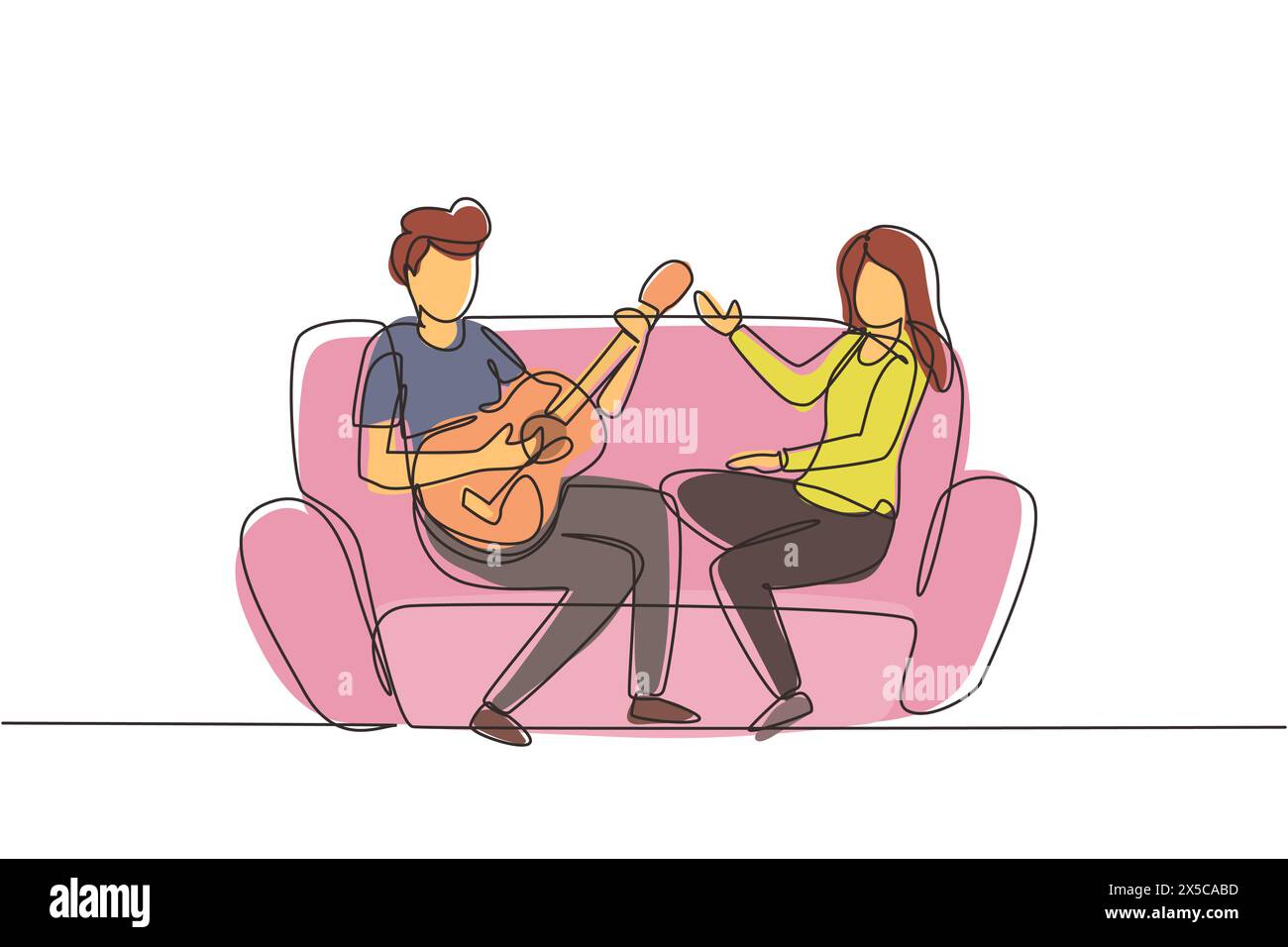 Single one line drawing couple together in love. Boy is playing guitar ...