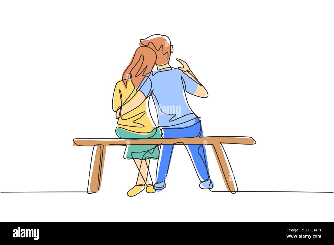 Single one line drawing embracing couple sitting on bench. Happy family ...