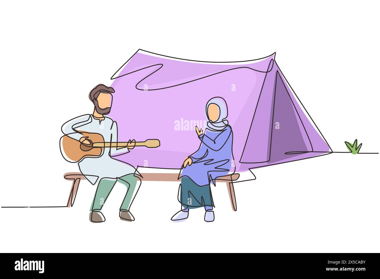 Single continuous line drawing Arabian couple tourist camping. Camper ...