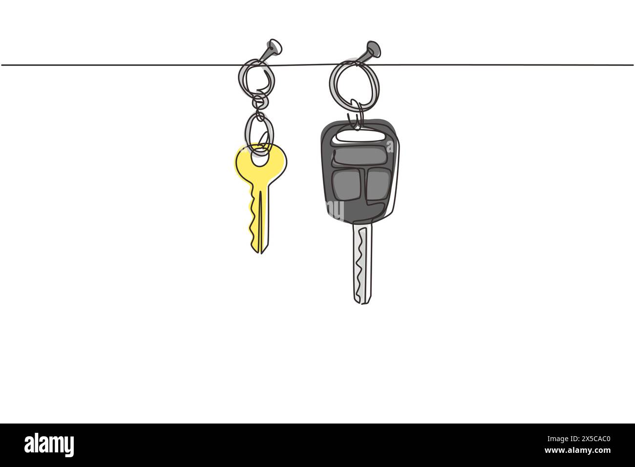 Single continuous line drawing car and house keys hanging on wall ... Single continuous line drawing car and house keys hanging on wall ...
