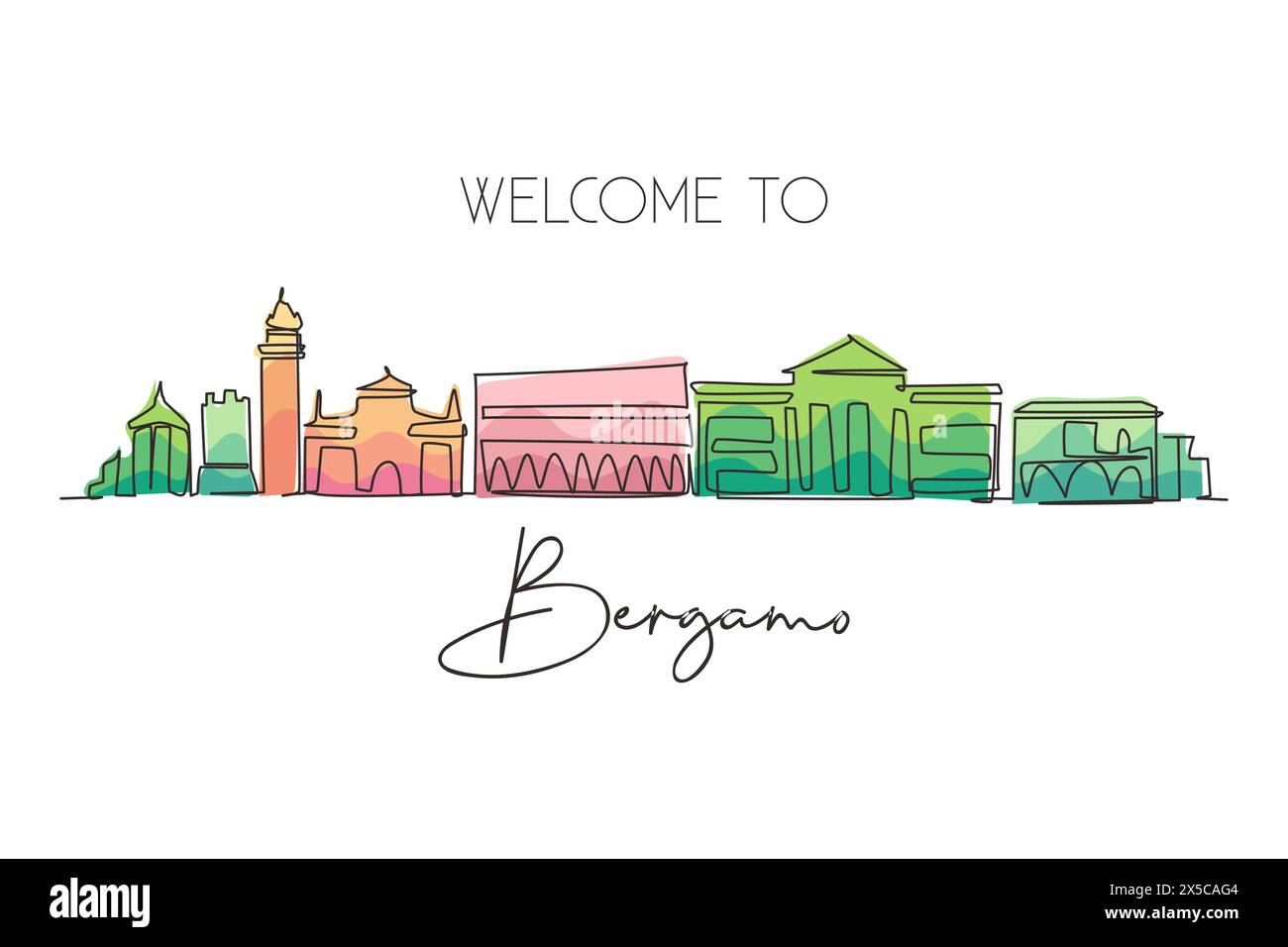 Single continuous line drawing Bergamo city skyline, Italy. Historical ...