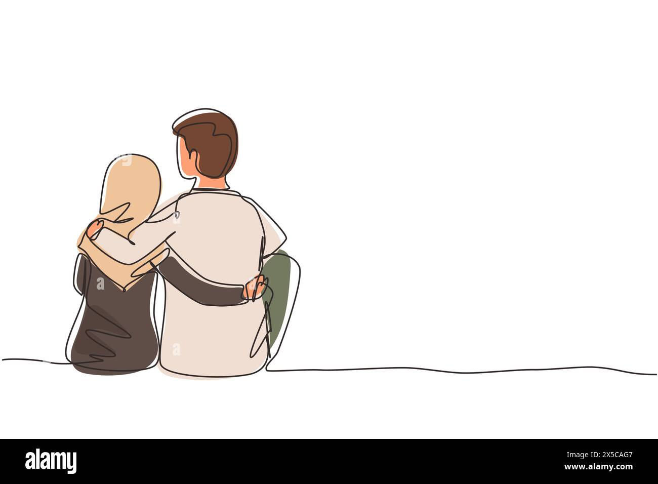 Single continuous line drawing romantic Arab couple in love sitting and ...