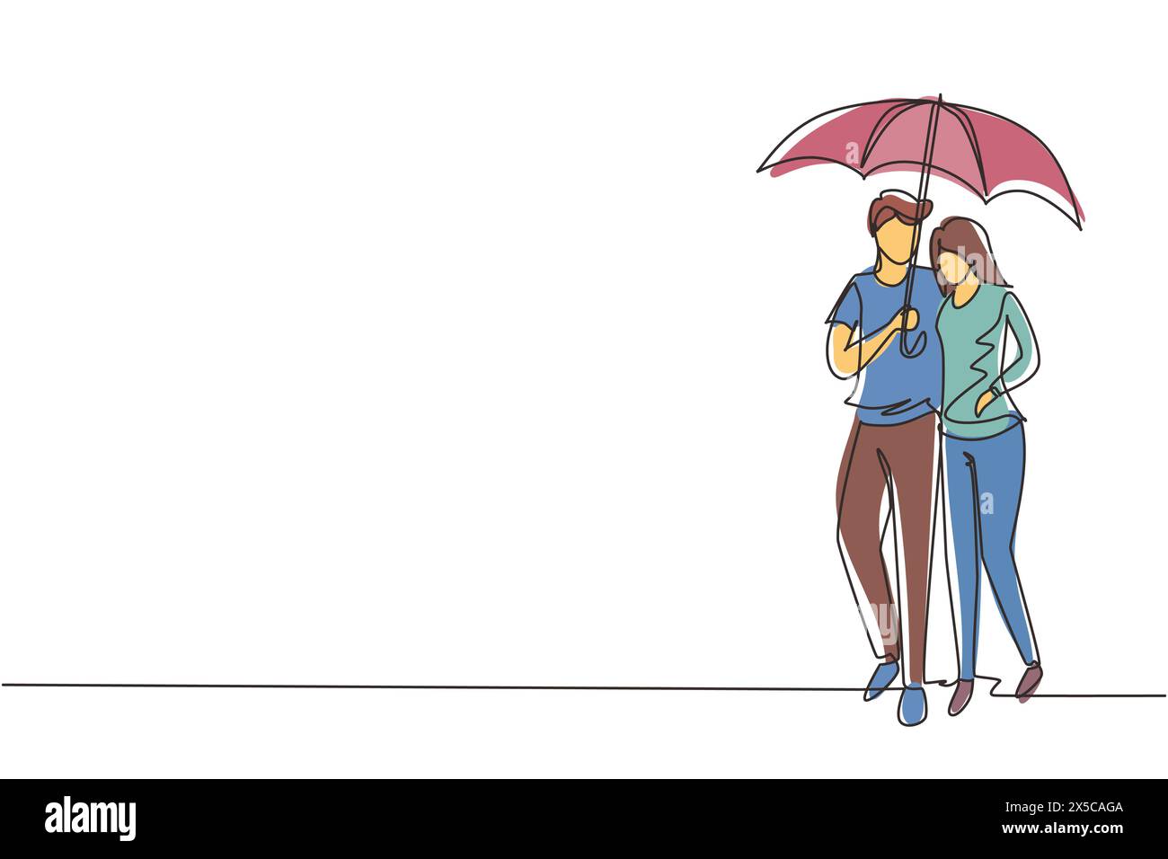 Single one line drawing young couple man woman, girl and boy walking holding umbrella under rain ...