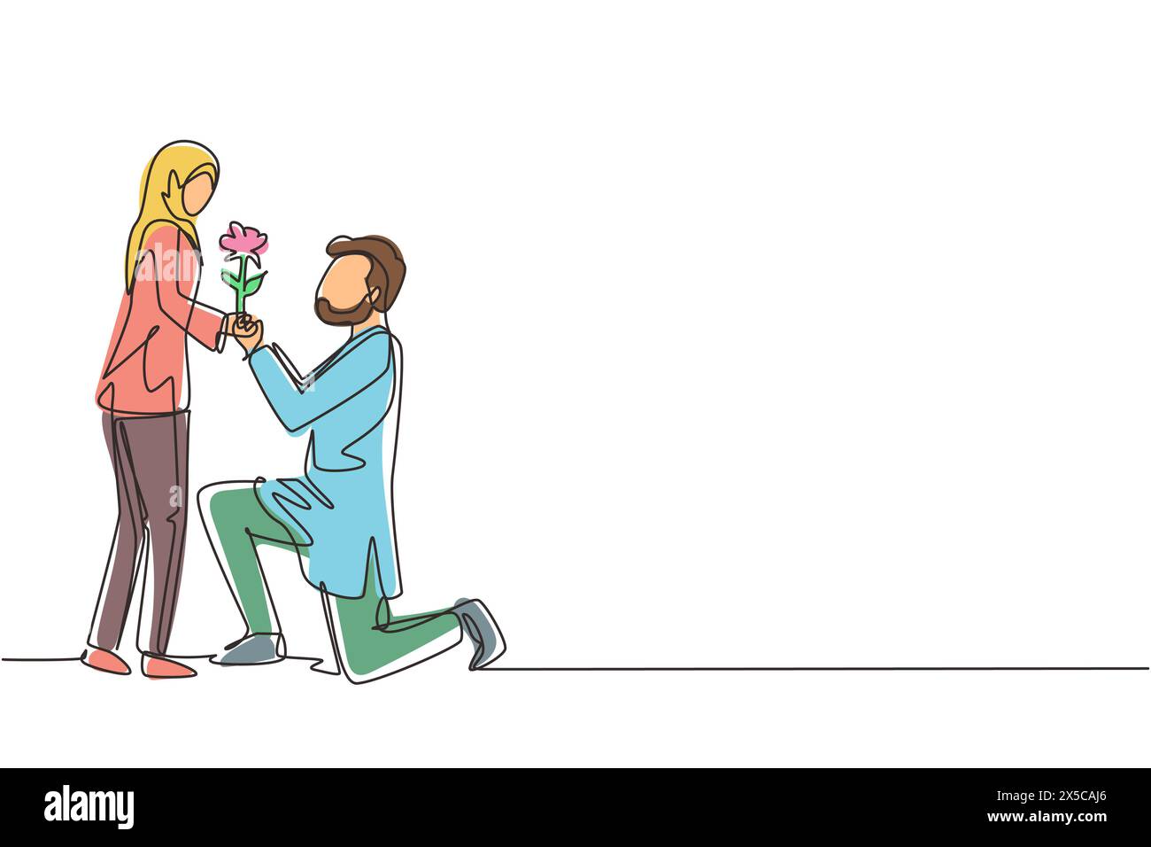 Continuous one line drawing Arab man on knee gives flowers to woman ...