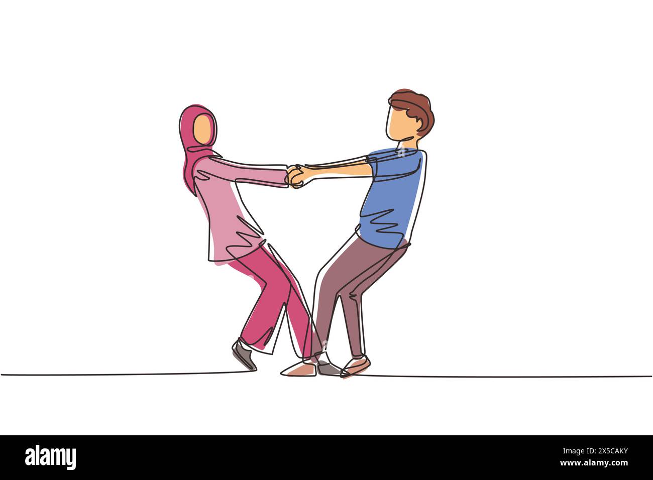 Single one line drawing happy Arab man and woman dancing on the floor ...