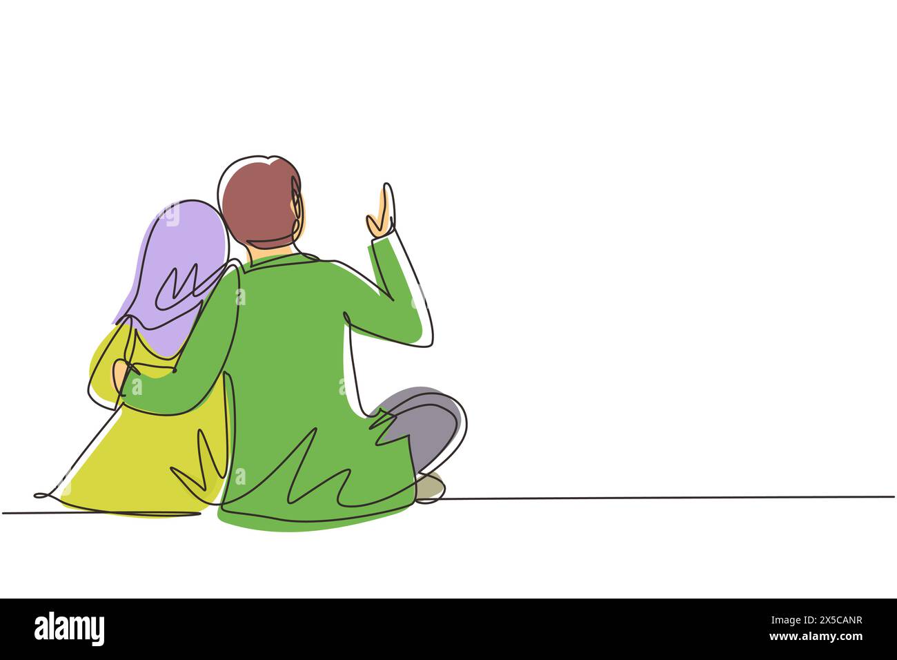 Single one line drawing people in love sit hugging and looking at moon ...