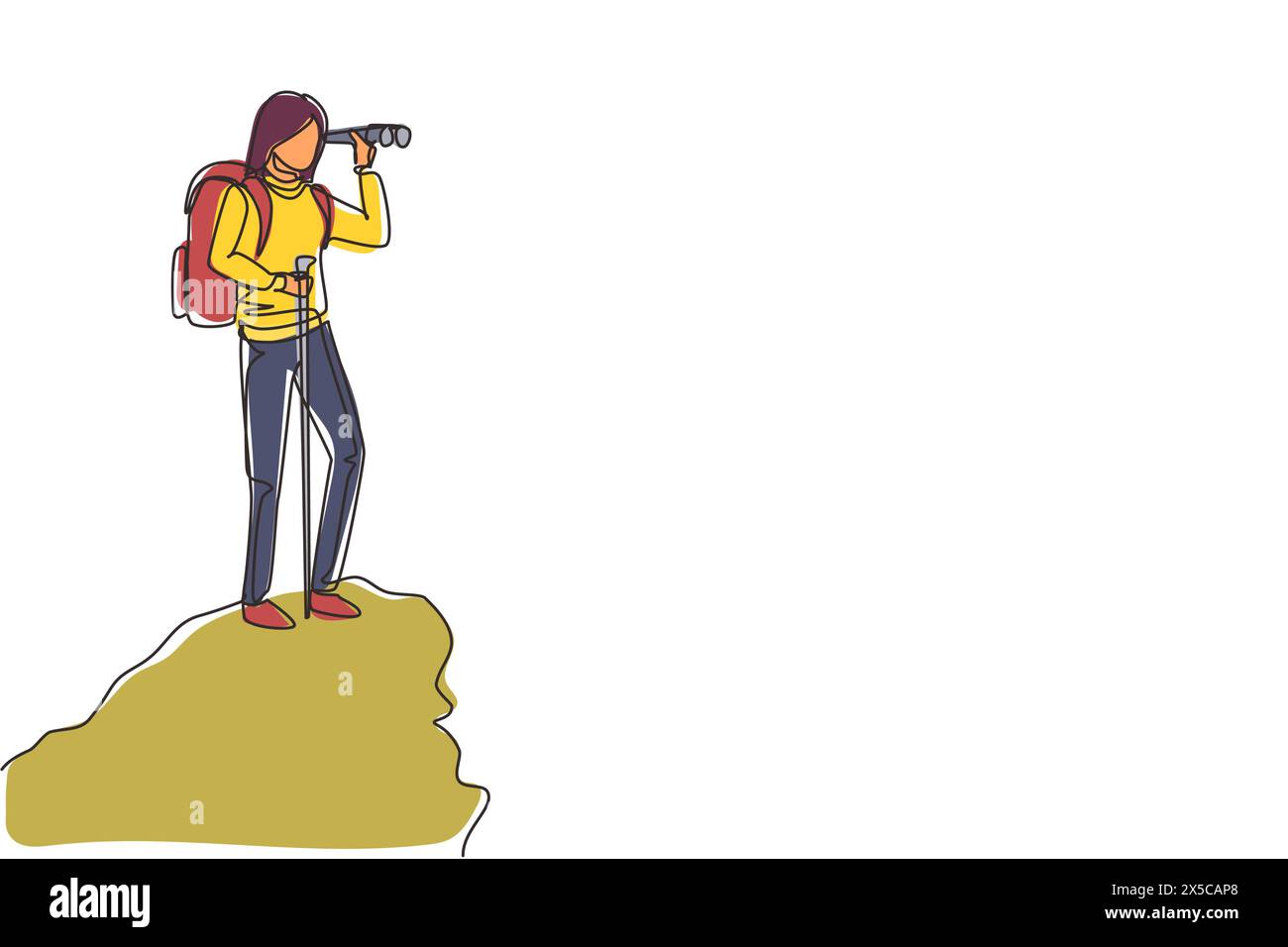 Single one line drawing cheerful traveler woman with a big backpack ...