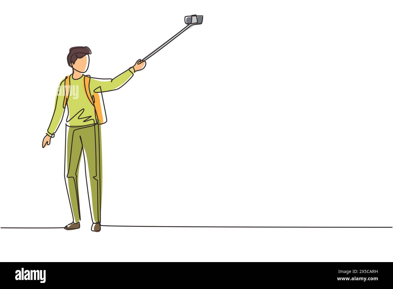 Continuous one line drawing climber man with selfie stick and backpack ...