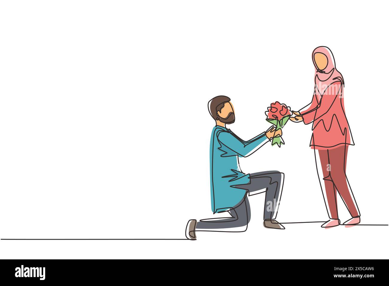 Single Continuous Line Drawing Arab Man On Knee Making Marriage