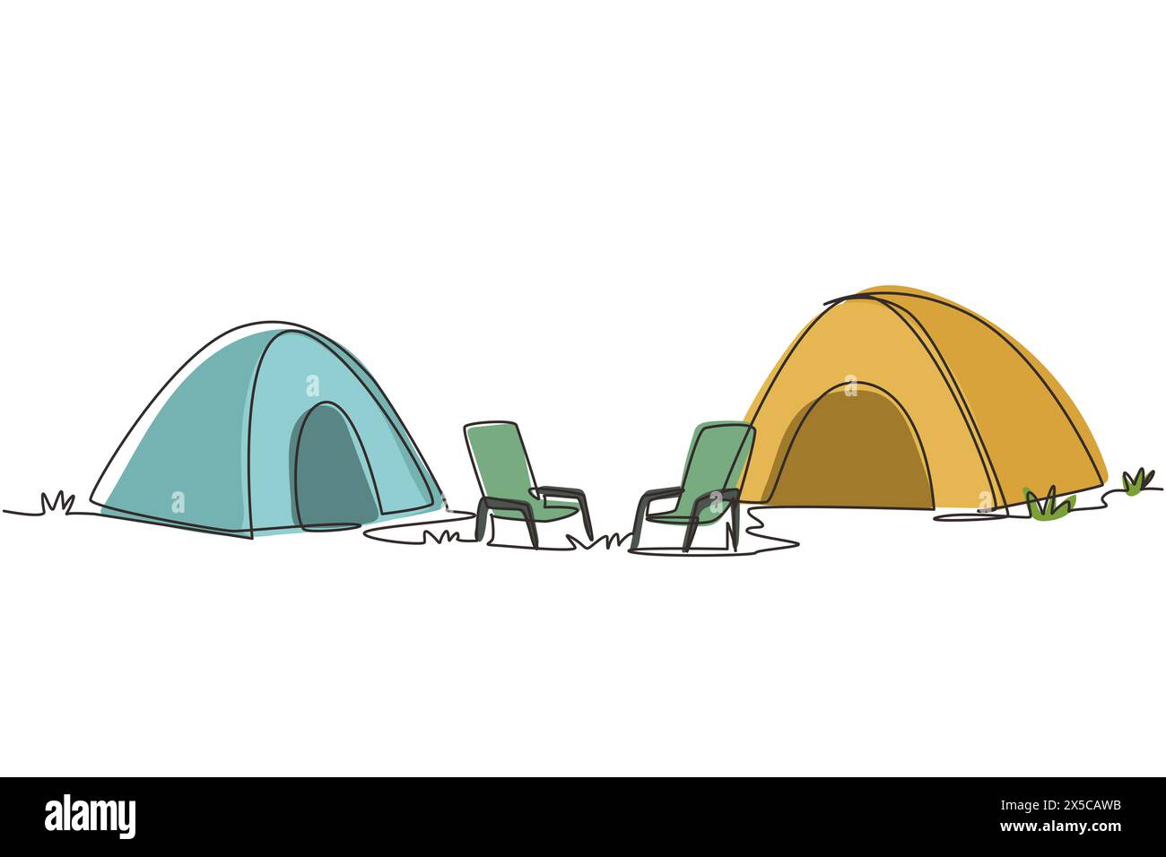 Single one line drawing camping landscape in campsite ground. Pair of ...