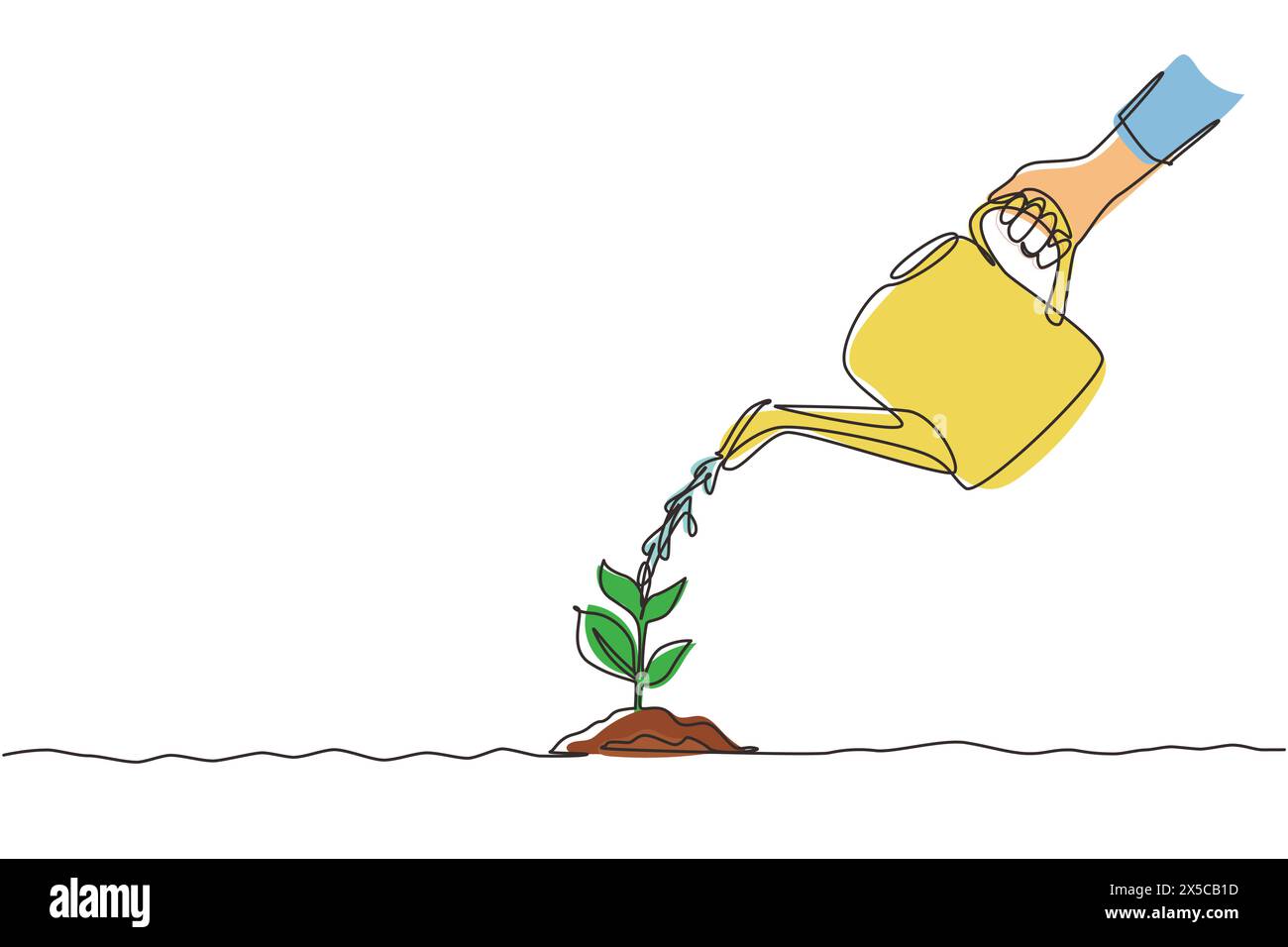 Single continuous line drawing hand holding watering can watering plant ...