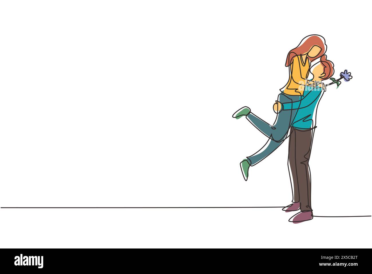 Single one line drawing man making proposal marriage to woman with rose ...