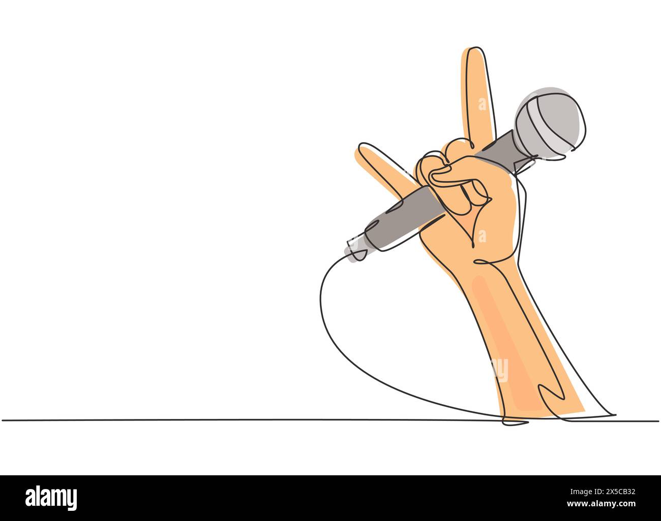 Single continuous line drawing rock hand gesture holding microphone ...