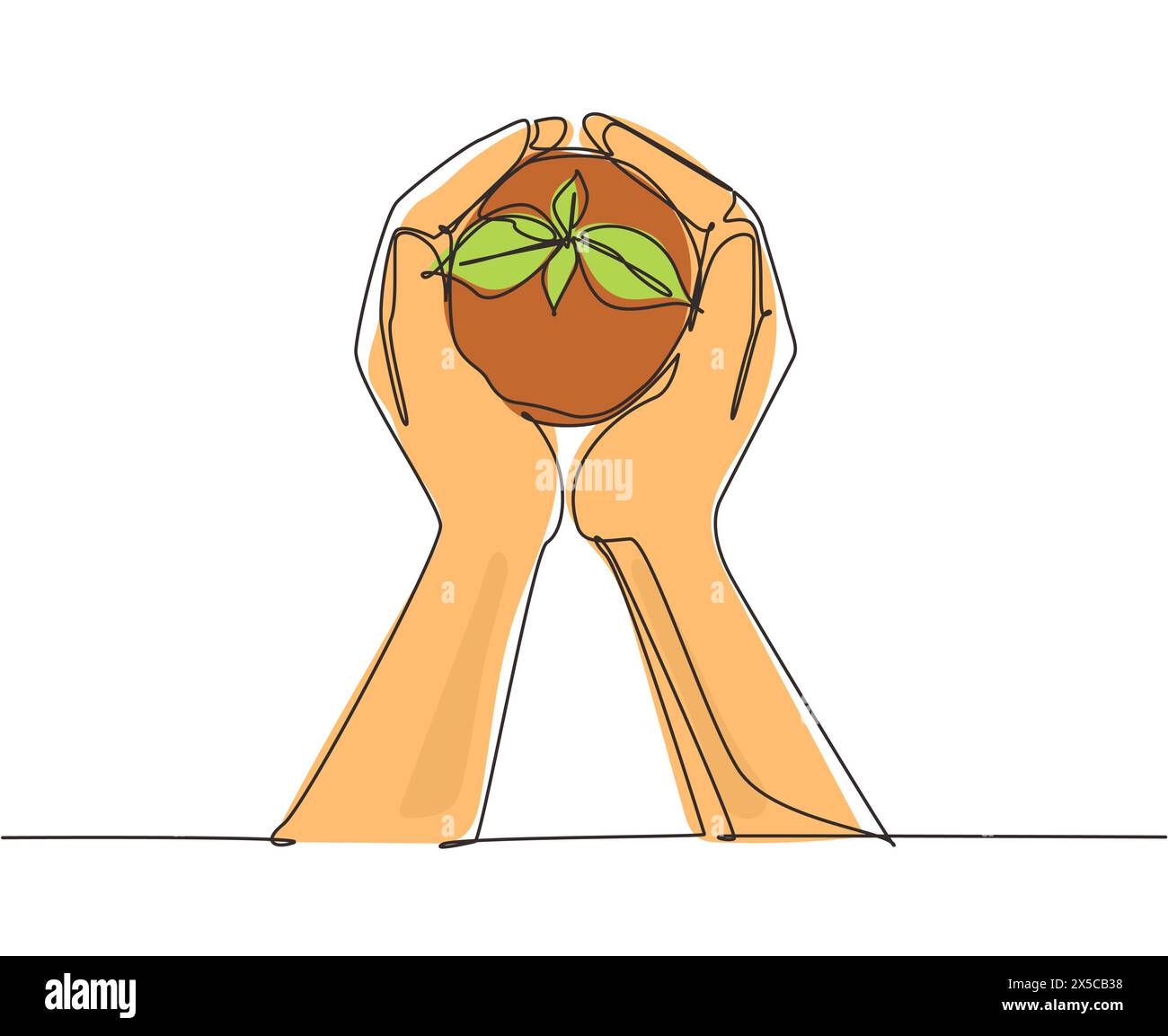 Continuous one line drawing two hands carrying bag of potting seedlings ...